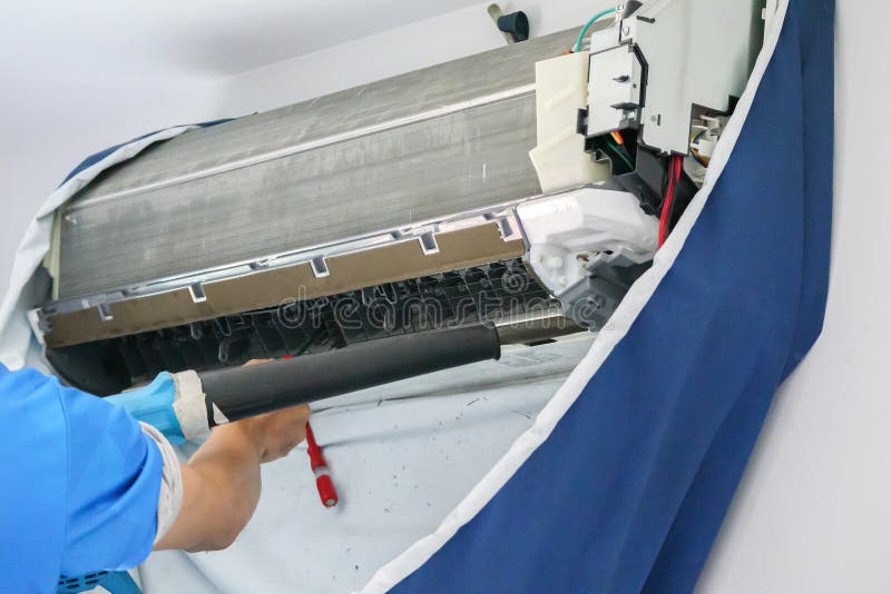 Air Conditioning Cleaning Service with Air Blower Stock Photo - Image ...
