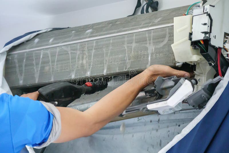 Air Conditioning Cleaning Service with Water Spray Stock Photo - Image ...