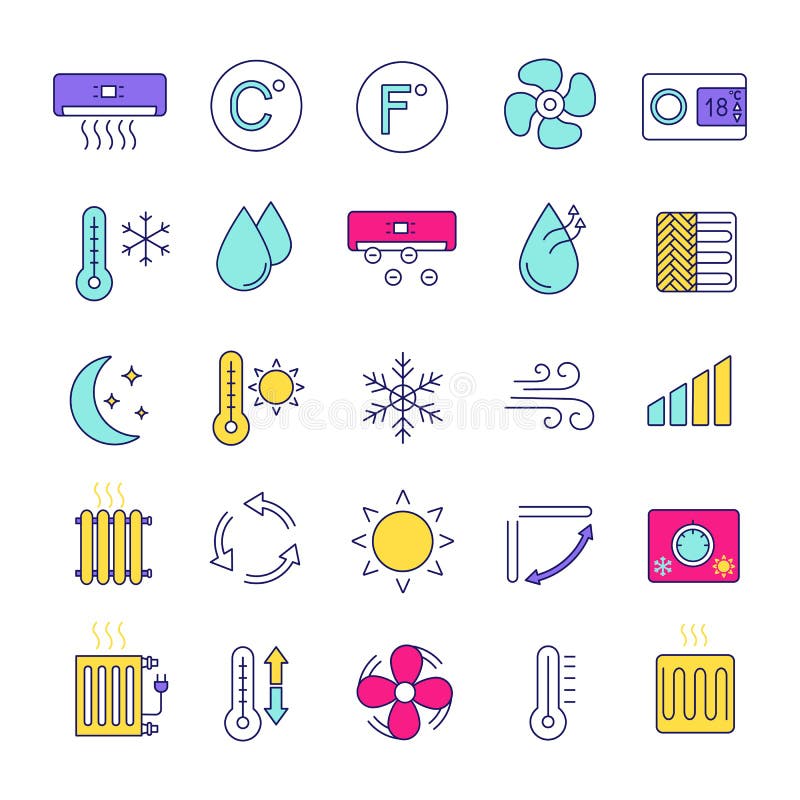 Air Conditioning Color Icons Set Stock Vector - Illustration of ionizer ...