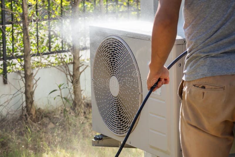 Air Conditioning Compressor Outdoor Unit Cleaning Service Stock Photo ...