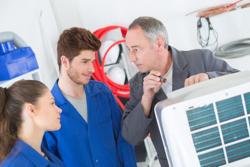Man Working on Air Conditioning Unit, Flap Open Stock Photo - Image of ...