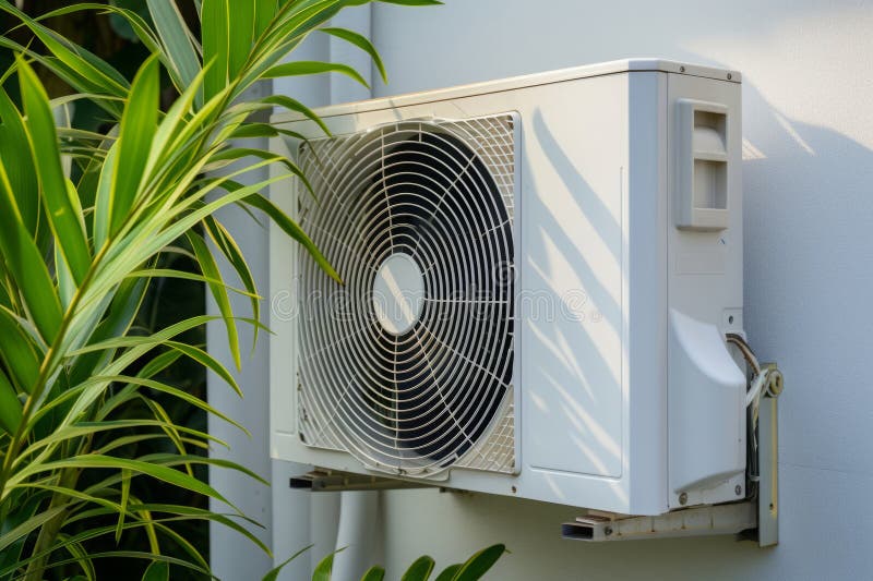 Air Conditioning Unit Compressor on Building Wall Outside Stock Photo ...
