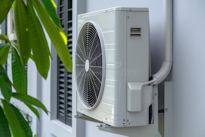 Air Conditioning Unit Compressor on Building Wall Outside Stock Image ...