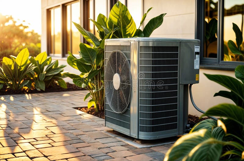 An Air Conditioning Unit Installed Outdoors, Surrounded by Green Plants ...