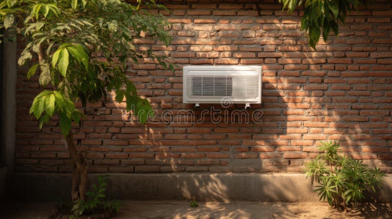 Air Conditioning Unit Mounted on a Textured Brick Wall Surrounded by ...