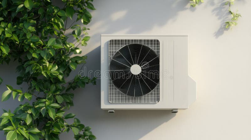 Air Conditioning Unit Mounted on a Wall with Lush Green Foliage in a ...