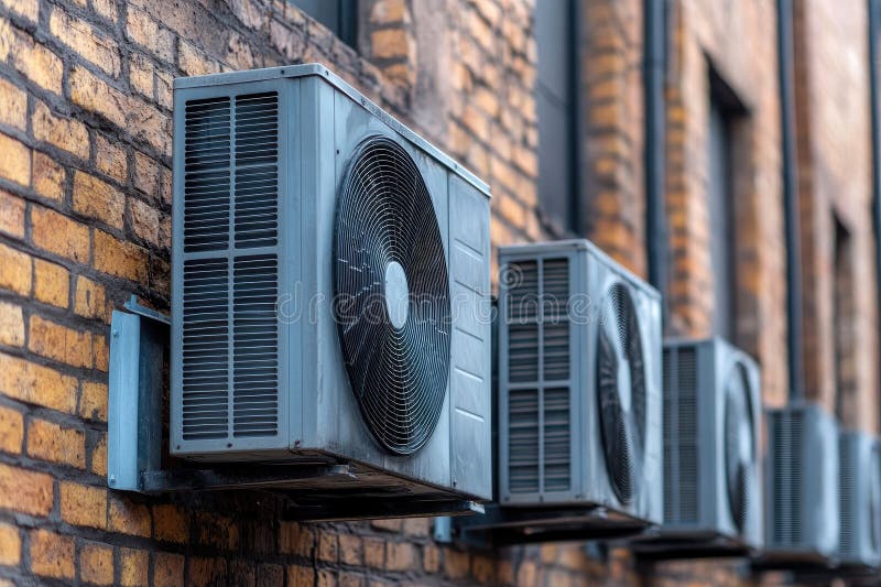 Air Conditioning Units Hanging on a Brick Wall of a Building Stock ...