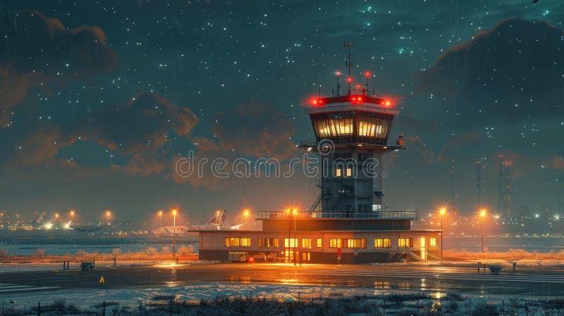 Air Control Tower at the Airport at Night Stock Photo - Image of ...