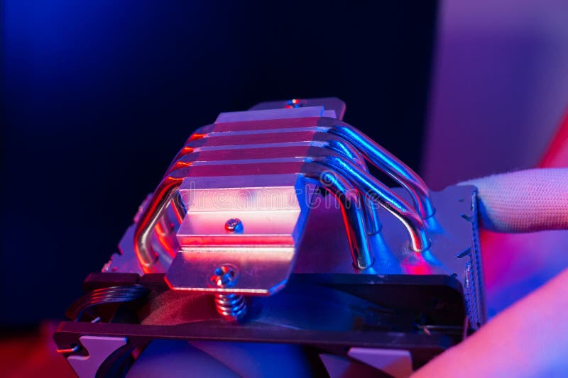 Air Cooling System with Fan Close Up. PC Case on Background in Neon ...