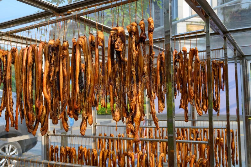 Air-dried Bacon Hanging on Shelf & Being Dried Stock Photo - Image of ...
