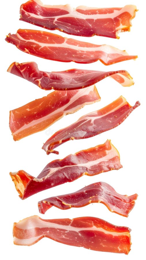Air Dried Ham Strips Falling Against a Transparent Background, Creating ...