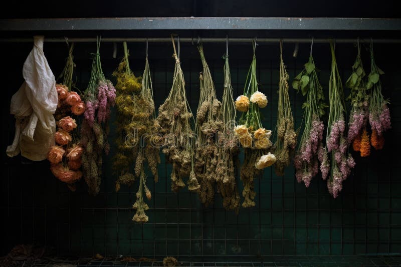 Air-drying Flowers on a Wire Rack in a Dark Room Stock Image - Image of ...