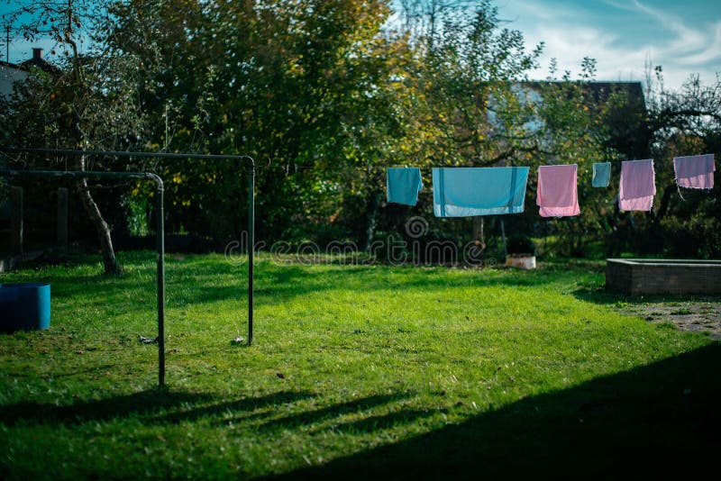 Air-drying Laundry on a Beautiful, Sunny Weather in the Garden Stock ...