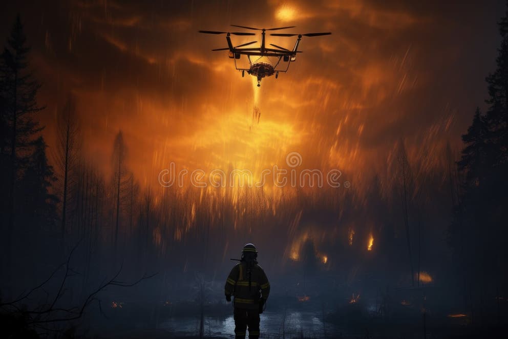 Air Firefighting with Drone of Wildfire in Forest. Stock Photo - Image ...