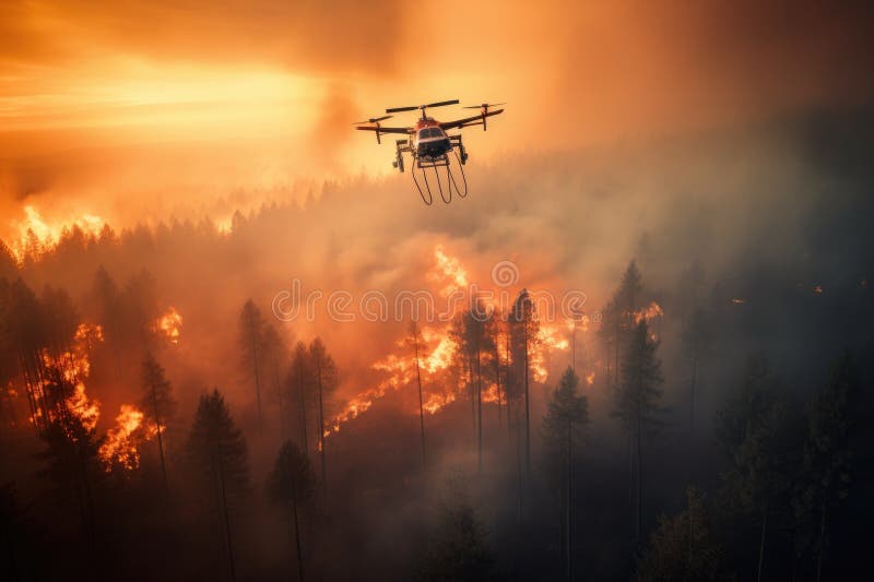 Air Firefighting with Drone of Wildfire in Forest. Stock Photo - Image ...