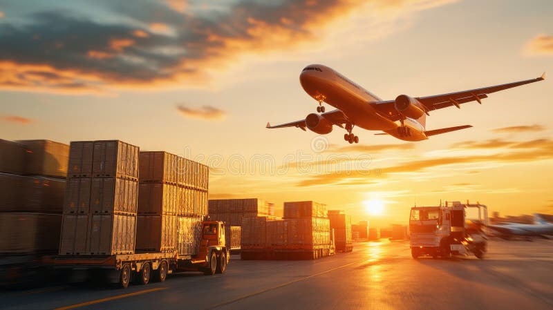 Air Freight Operations at Sunset Stock Illustration - Illustration of ...