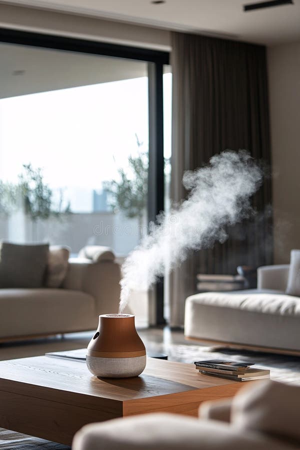 Air Humidifier in Modern Living Room with Steam on Table Stock ...