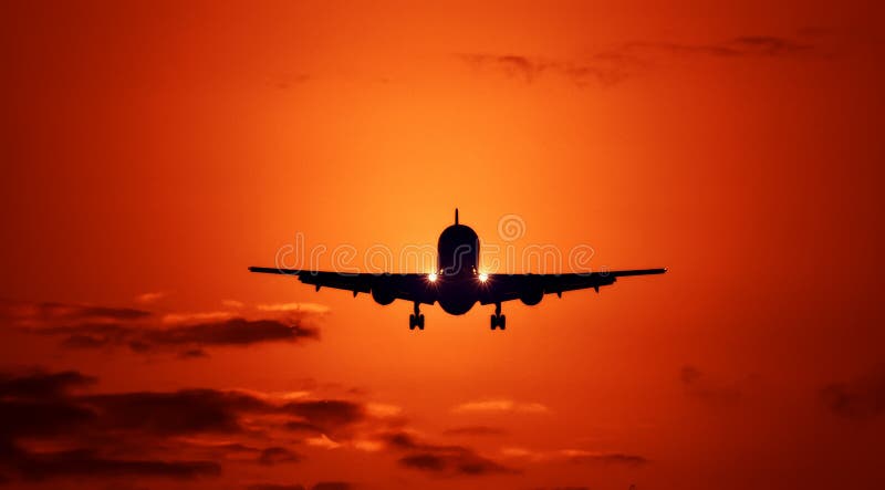 Air plane in sunset sky stock image. Image of descending - 158240999