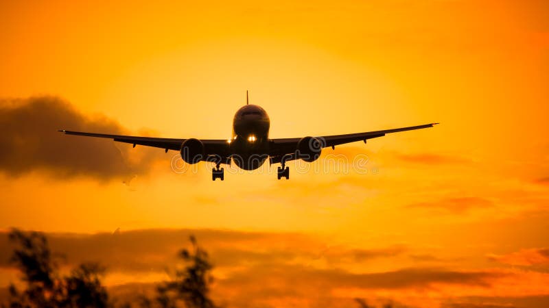 Air plane in sunset sky stock photo. Image of descending - 159668730
