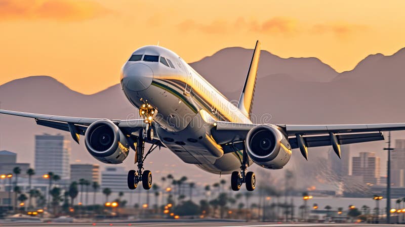 Air Plane Take Off at Airport Runway Under Sky on Background Selective ...