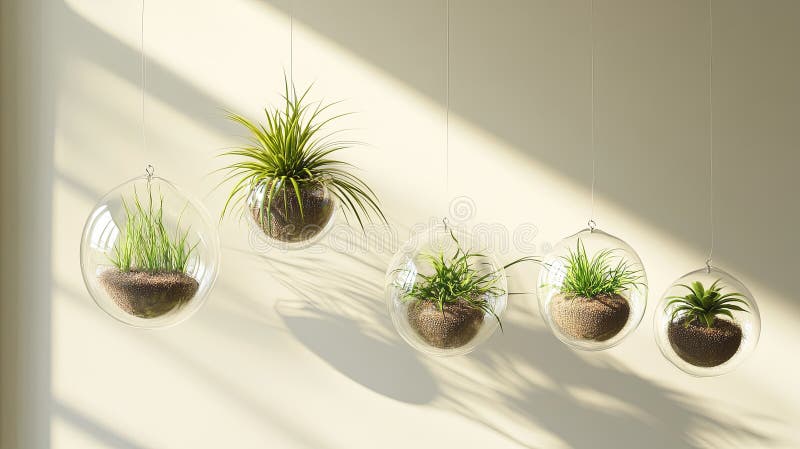 Air Plants Suspended in Minimalist Glass Hanging in Sunlight. Stock ...
