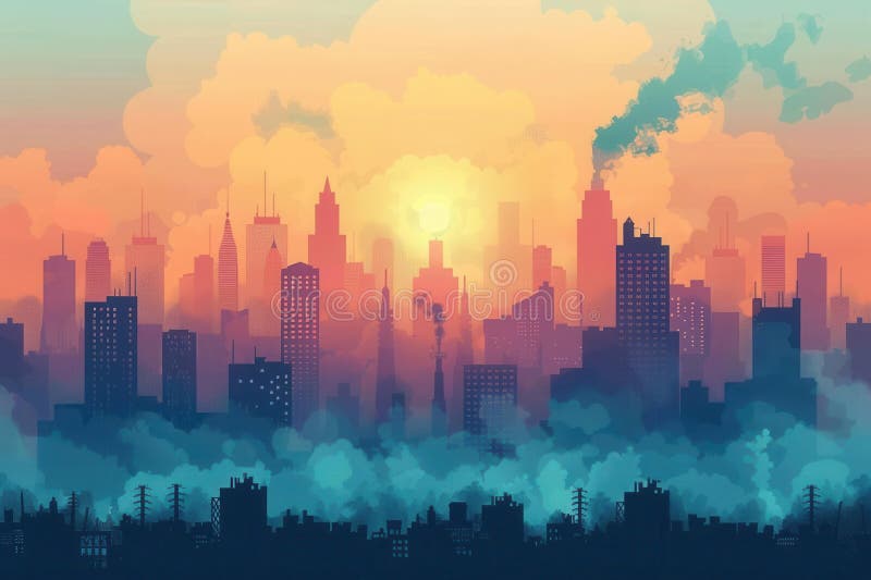 Air Pollution, Cityscape with Smog and Masks, Flat Design Illustration ...