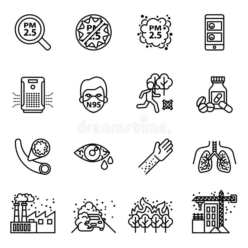 Air Pollution; Micro Dust Pm 2.5 Icon Set. Thin Line Style Stock Vector ...