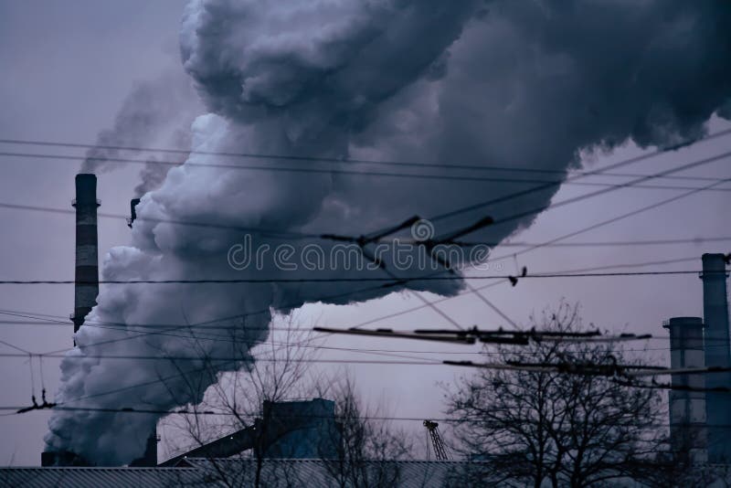 Air Pollution Smoke from Factory Chimneys Dark Scary Sky Stock Photo ...