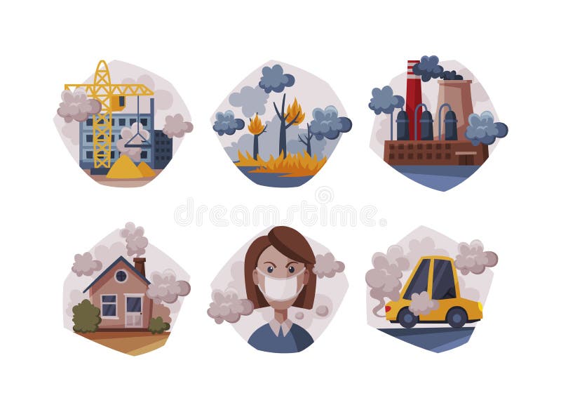 Air Pollution Sources Set. Industrial Outdoor Fog, Forest Fires ... Air Pollution Sources Set. Industrial Outdoor Fog, Forest Fires ...