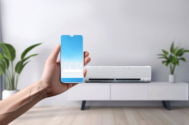 Air Purifier or AC Conditioner with Smart Iot Home App on Phone Stock ...
