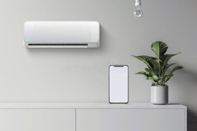 Air Purifier or AC Conditioner with Smart Iot Home App on Phone Stock ...