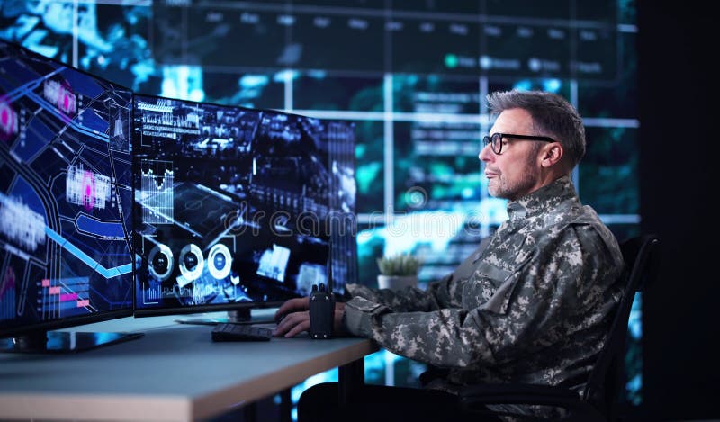 Air Reconnaissance Technology on Computer. World Map Data Stock Photo ...