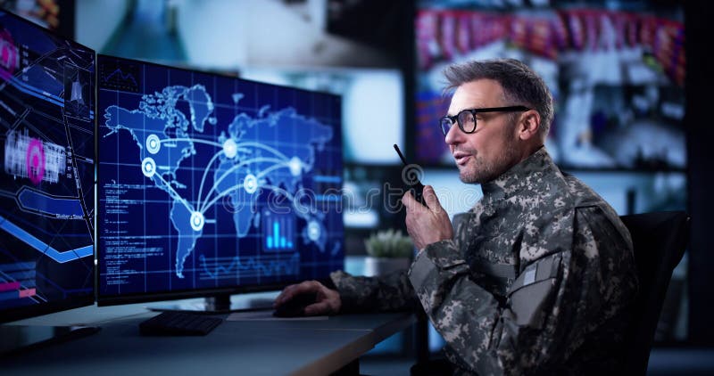 Air Reconnaissance Technology on Computer. World Map Data Stock Photo ...