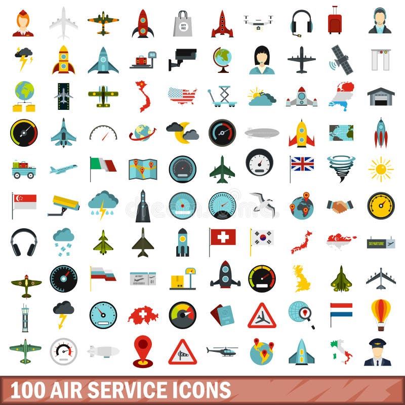 100 Air Service Icons Set, Flat Style Stock Vector - Illustration of ...