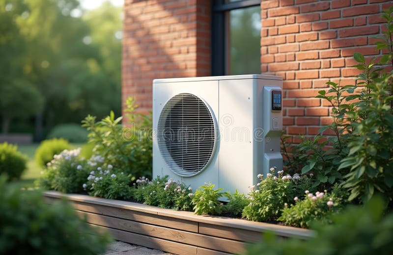 Air Source Heat Pump Installed on Residential Building Exterior. HVAC ...