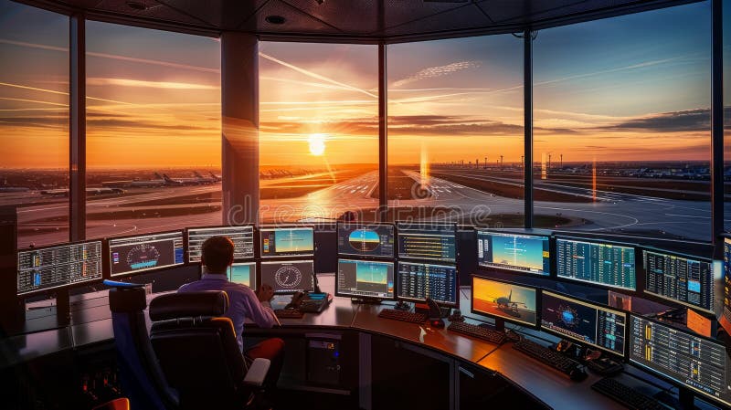 Air Traffic Control Room during Sunset with Panoramic View of the ...