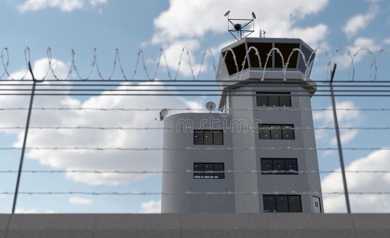 Air Traffic Control Tower Behind Barbed Wire Fence Stock Image - Image ...