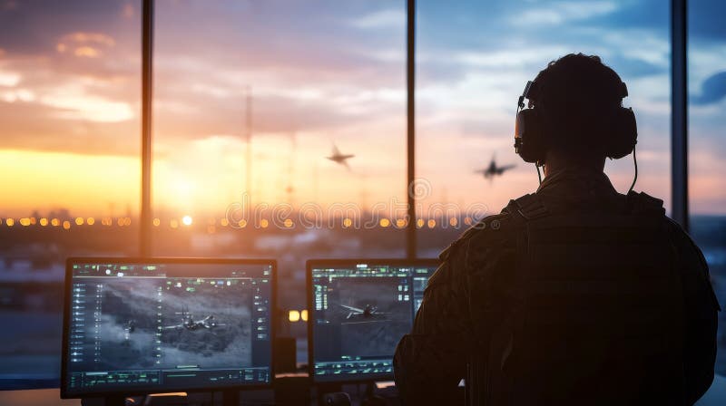 Air Traffic Controller Managing Aircraft Operations at Sunset Stock ...