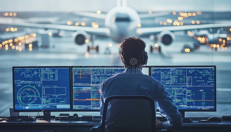 Air Traffic Controller Monitors Flight Data on Multiple Computer ...