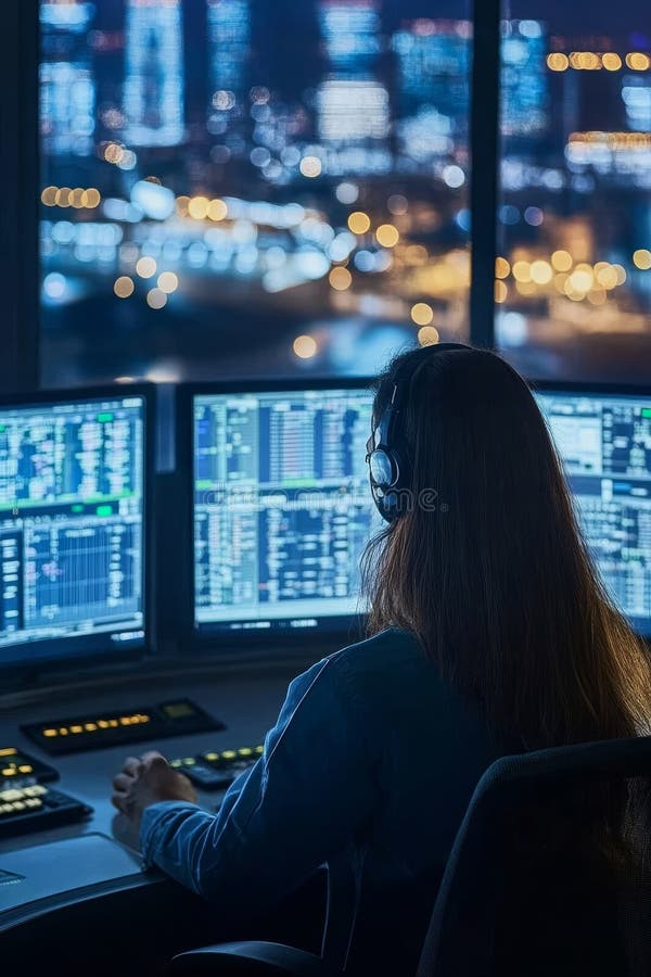 Air Traffic Controller Monitors Flight Information on Multiple Screens ...