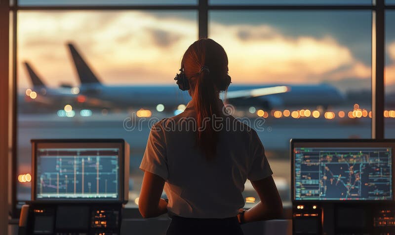 Air Traffic Controller Overseeing Airport Operations during Sunset with ...