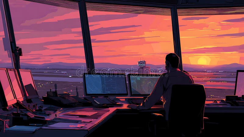 Air Traffic Controller Monitors Flight Activities during Sunset at a ...