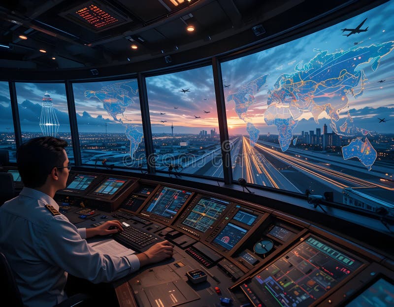 Air Traffic Controller Working at Console with City Skyline View Stock ...