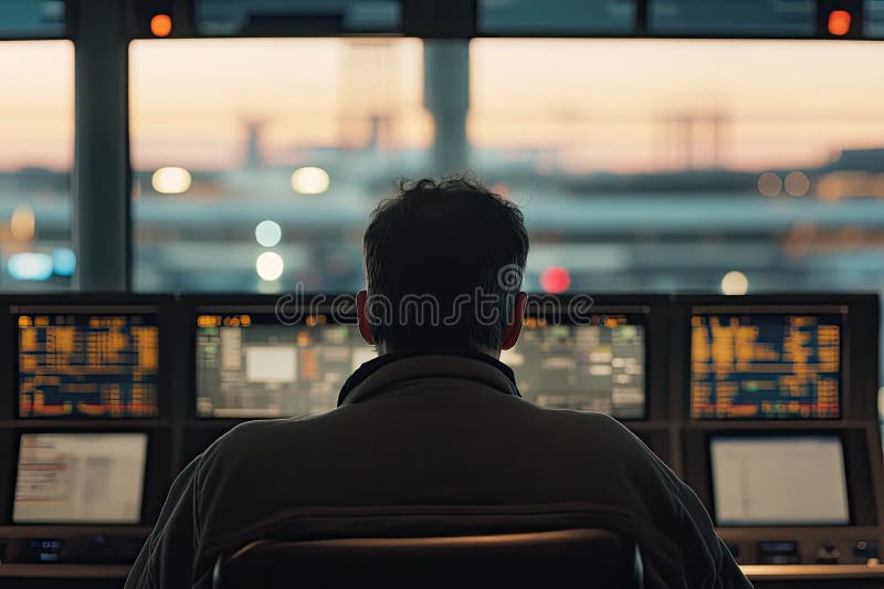 Air Traffic Controller Working at Dusk Airport Control Stock ...