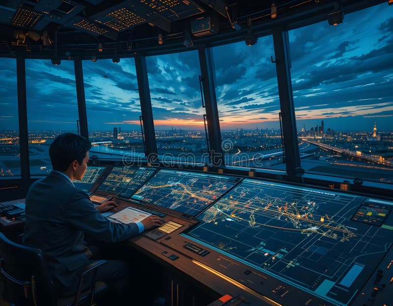 Air Traffic Controller Working at Night with City Skyline View Stock ...