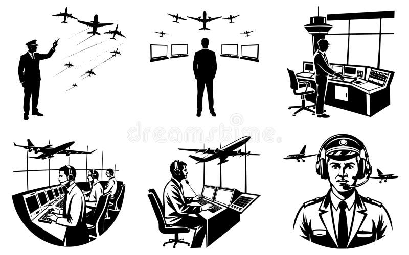 Air Traffic Controllers Managing Planes in Control Tower and Flight ...