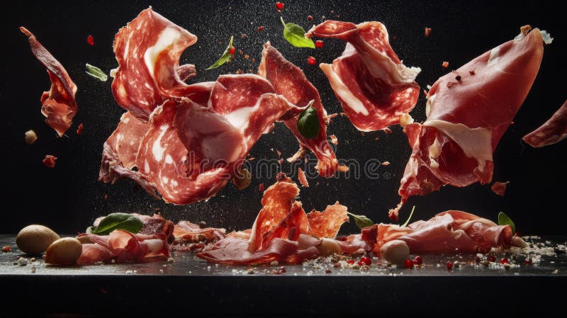 Airborne Slices of Cured Meat with Herbs and Spices Stock Illustration ...