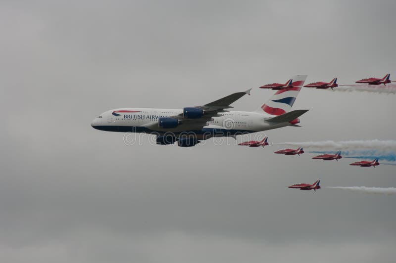 Airbus A380 with Red Arrows Editorial Photo - Image of airbus, british ...