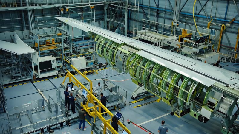 Aircraft Assembly Facility with Engineers and Technicians Working on ...
