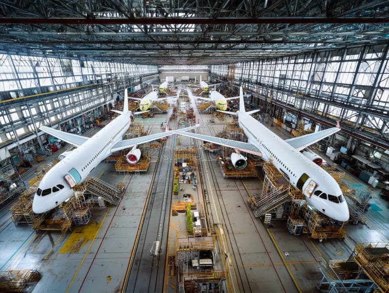 Aircraft Assembly Line Showcasing Multiple Planes in a Large Hangar ...